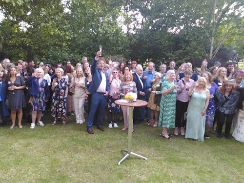 At my publisher's Joffe Books garden party - cheers